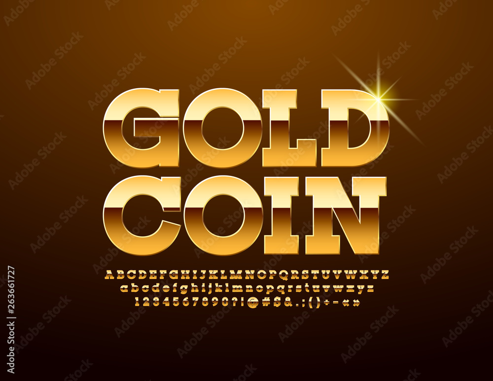 Vector shiny sign Gold Coin with Luxury Font. Set of Chic Alphabet ...