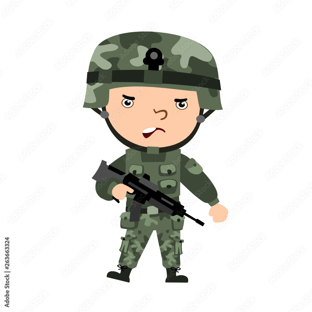 Angry soldier in cartoon style with machine gun in hand in modern ...
