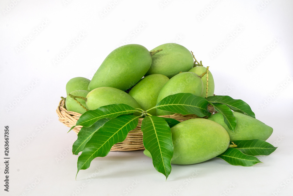 Green mango is in a wooden basket in a white background. Stock Photo ...