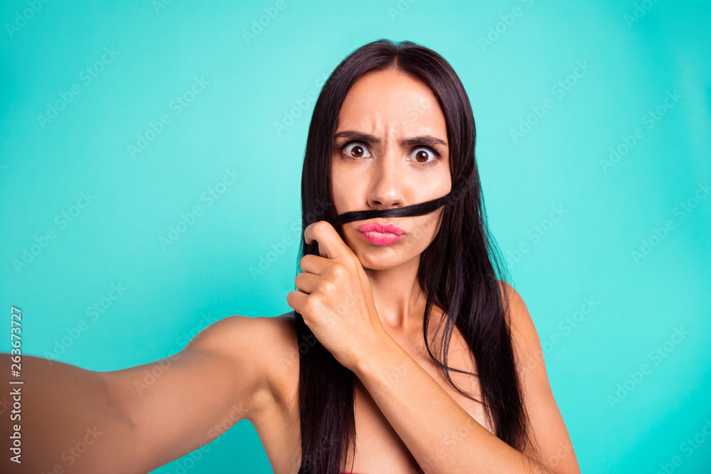 Close up photo beautiful amazing she her lady one curl make false male he him his guy man ...