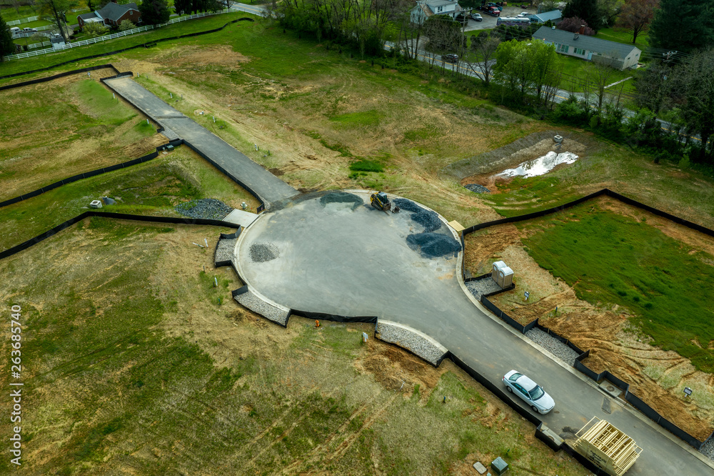 Aerial view of cul-de-sac before construction of houses begins in a ...