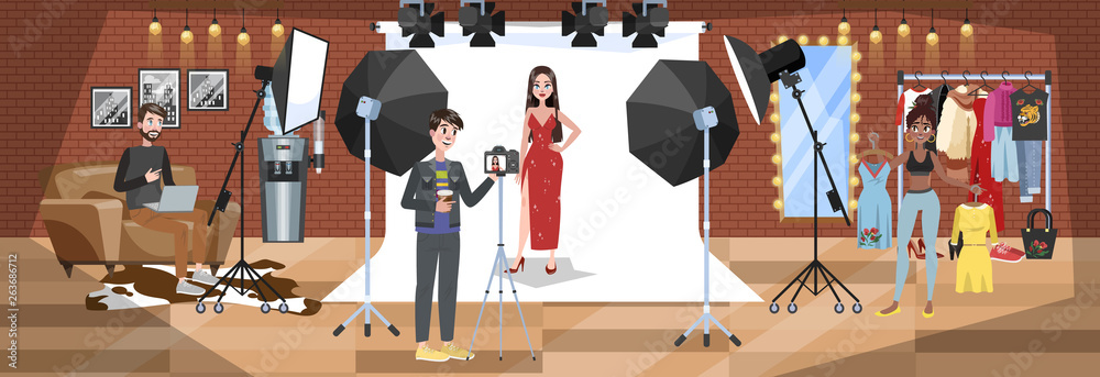 Beautiful woman in red dress making photoshoot on the white Stock ...