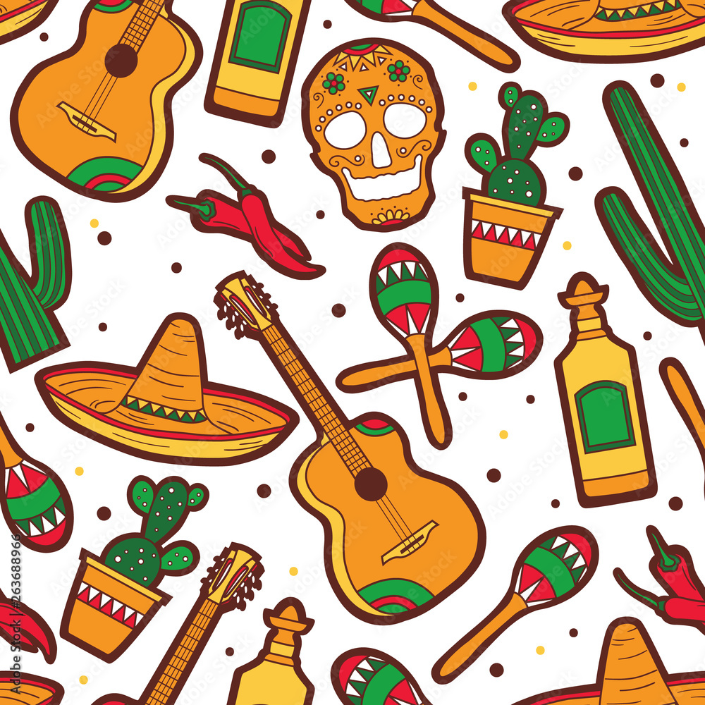 Seamless pattern with collection of mexican symbols, hand drawn ...