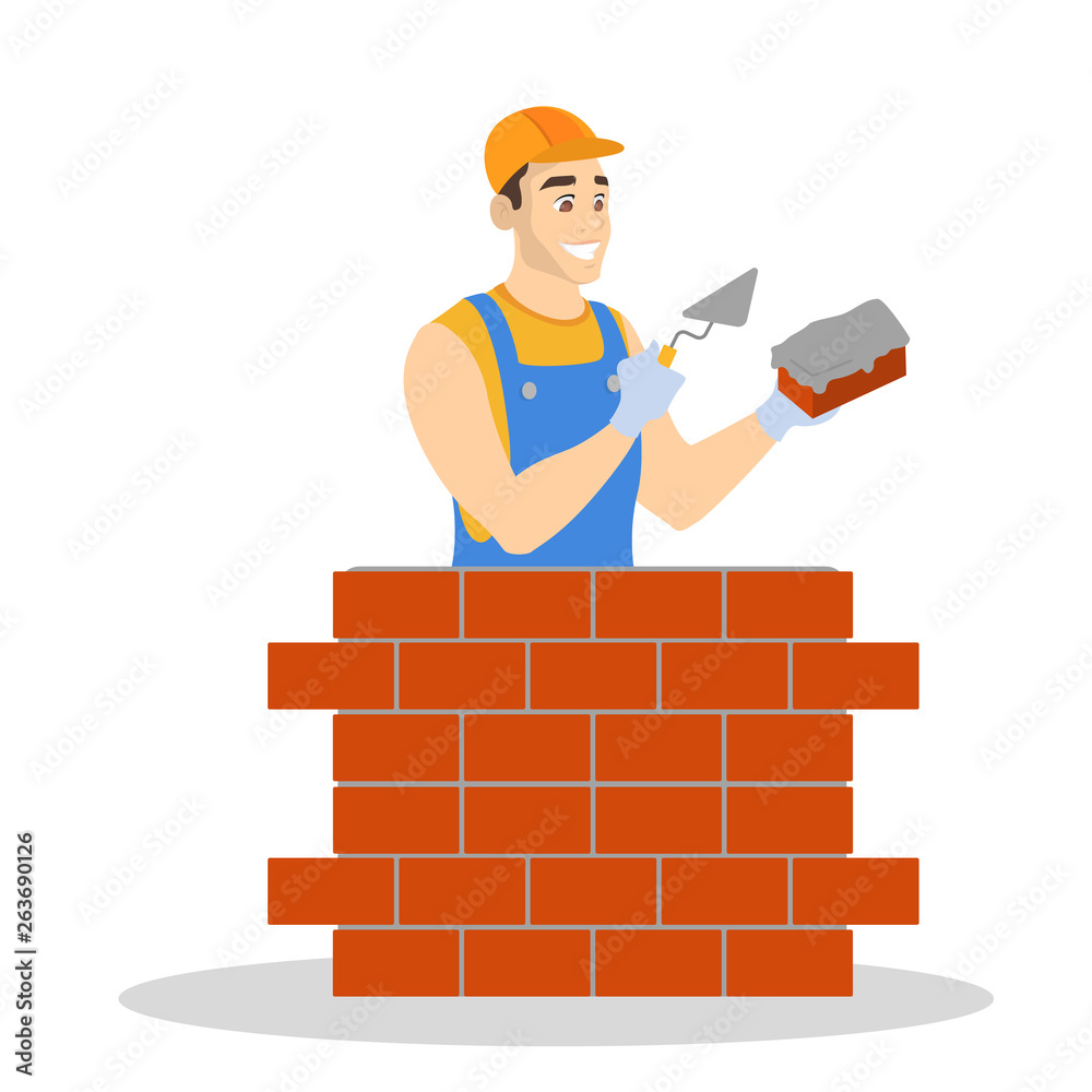 Poster Man building brick wall. Construction worker in a uniform – Wall ...