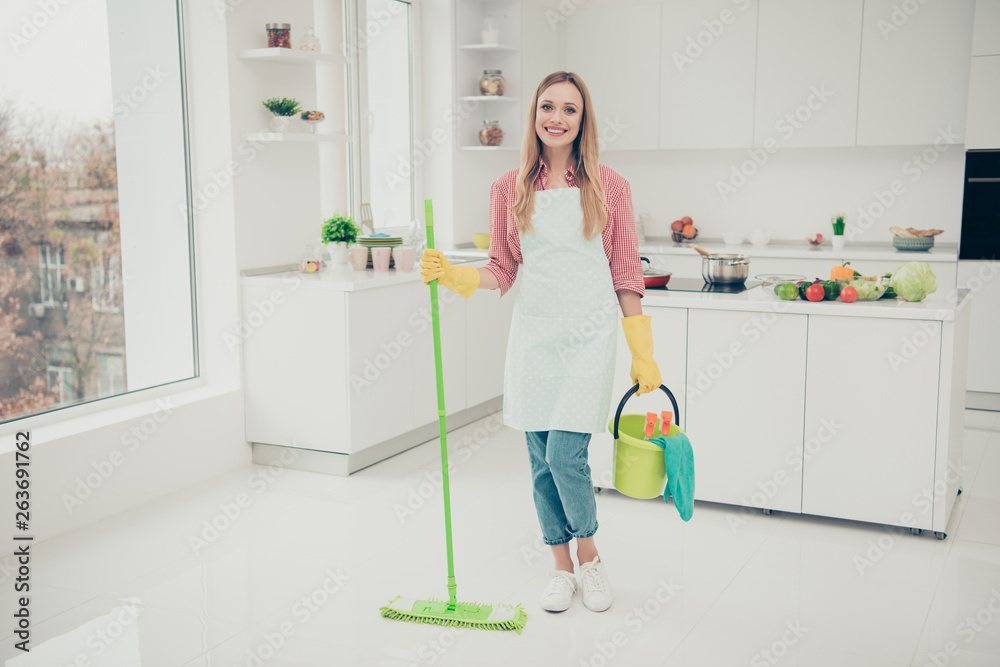 Full length body size photo beautiful busy nice duties she her lady ...