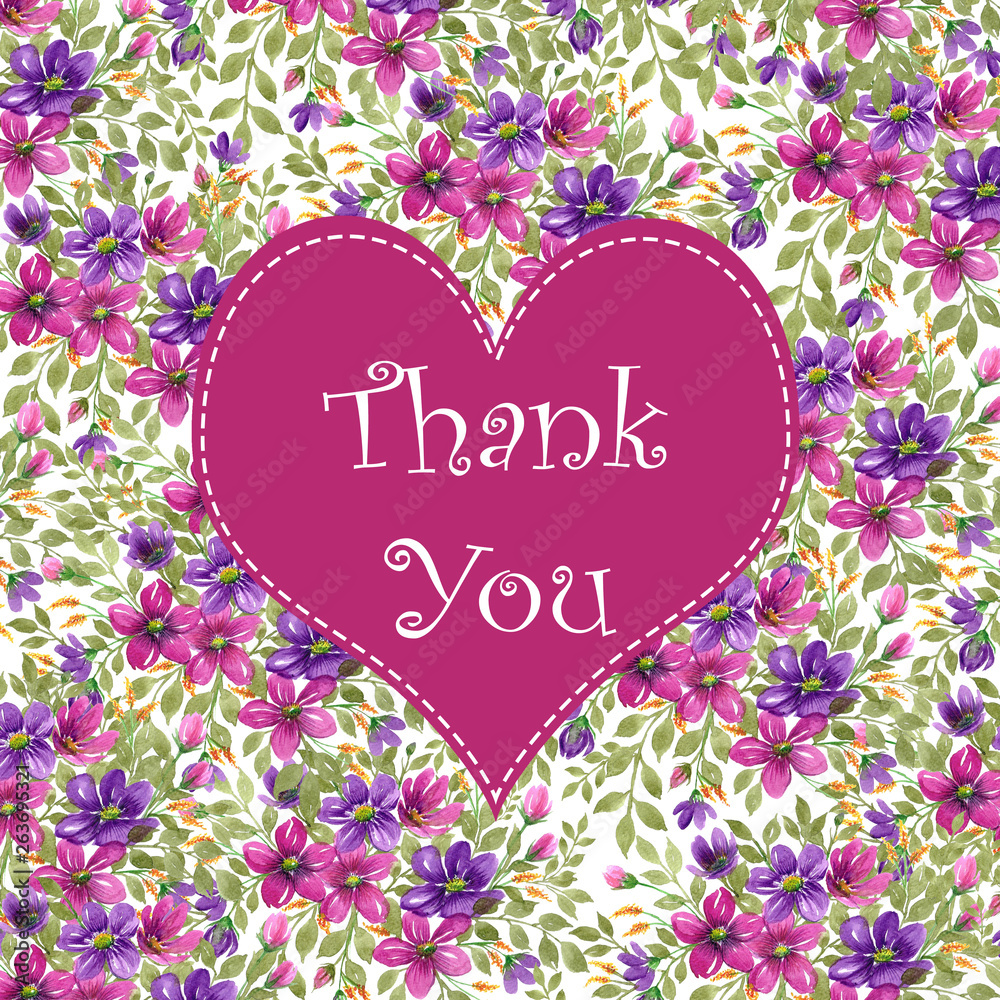 Cute watercolor flower background with heart trendy thank you card ...