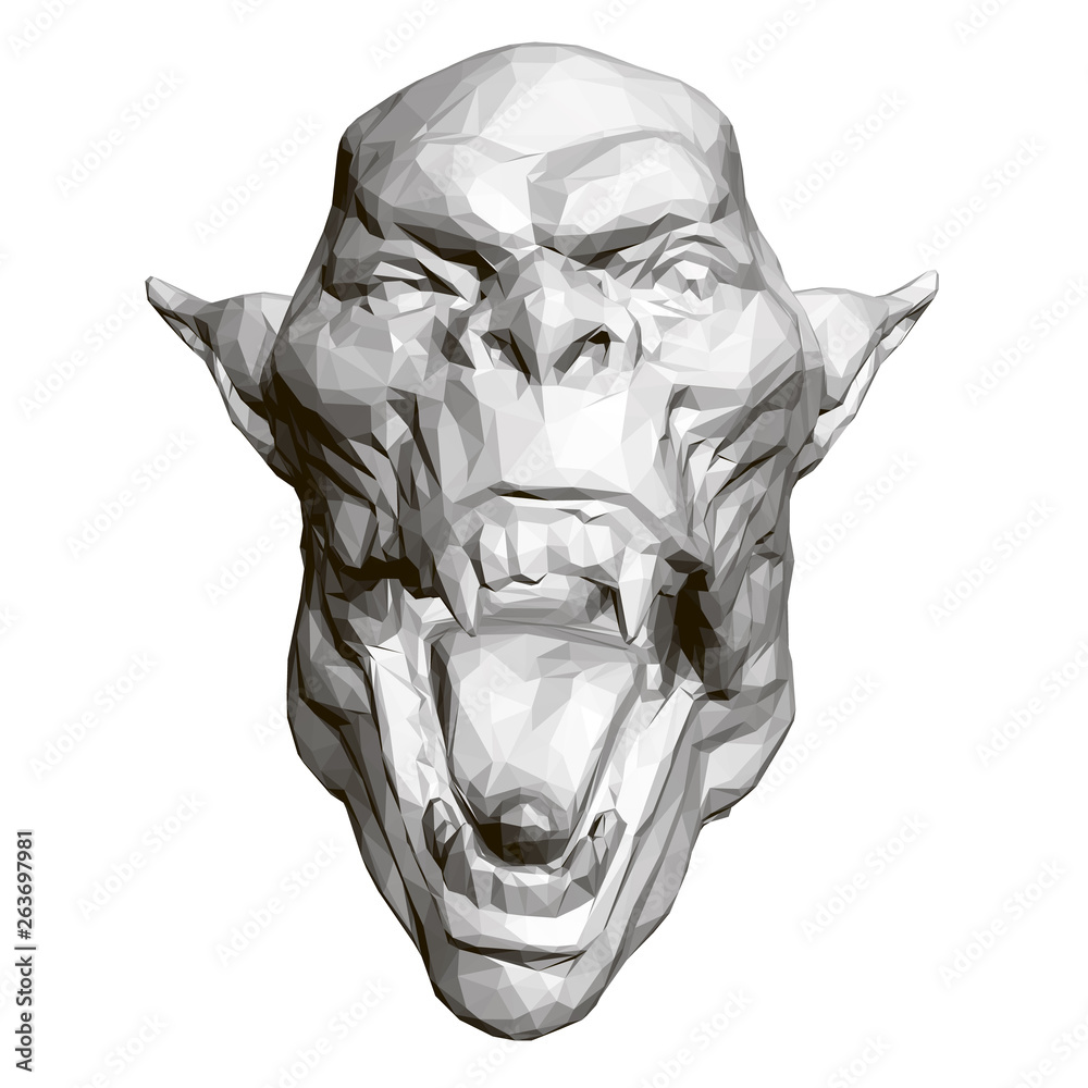 Polygonal demon head with open mouth and sharp teeth. Front view. 3D ...