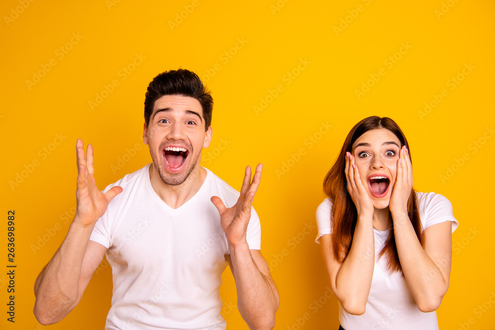 Close up photo amazing she her he him his couple hands arms raised air yell unbelievable luck ...