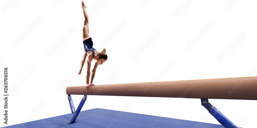 Female athlete doing a complicated exciting trick on gymnastics balance ...