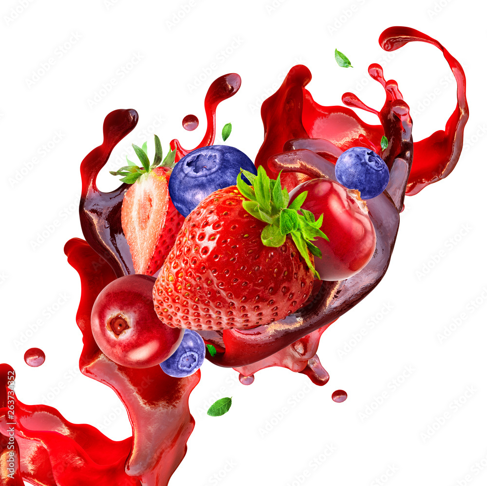 Berry juice or jam splash with strawberries, cranberries, blueberries ...