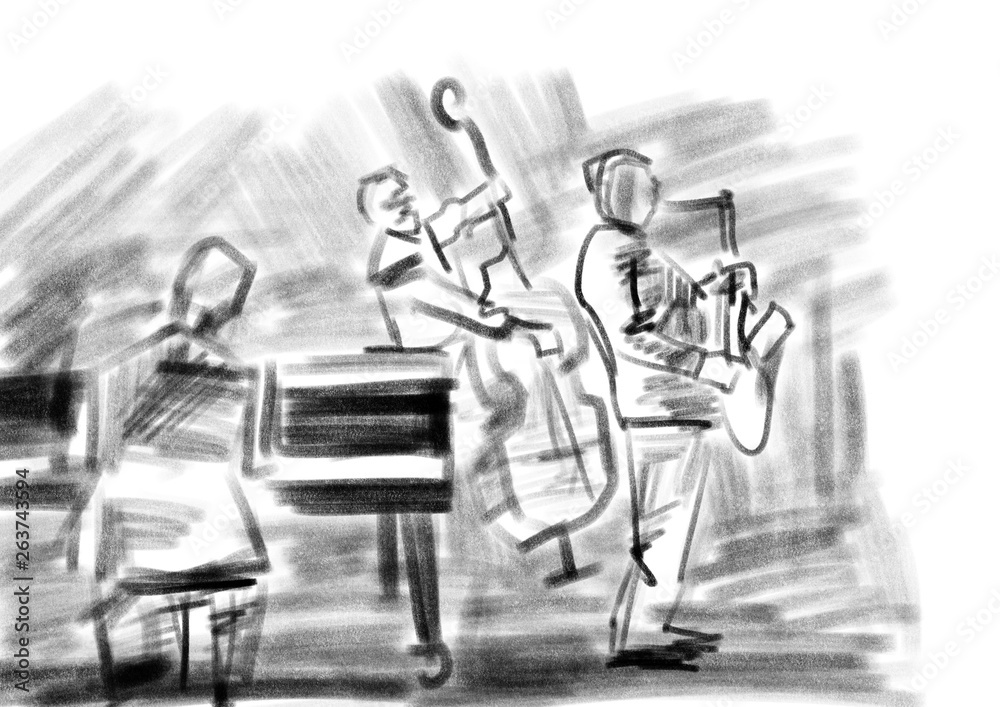 Jazz band. Charcoal drawing. Musicains on stage: pianist, saxophone ...
