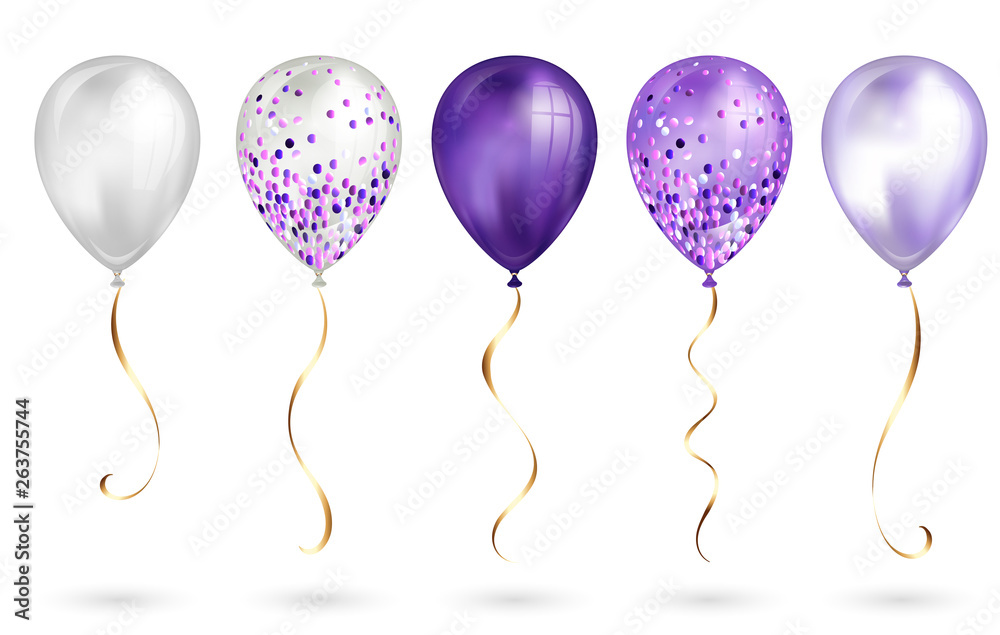 Set of 5 shiny purple realistic 3D helium balloons for your design ...