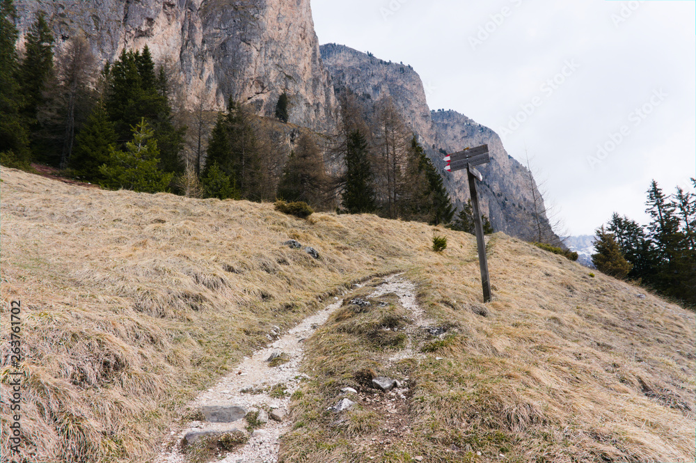 Wooden sign on ecological path through the valleys and mountains of the ...