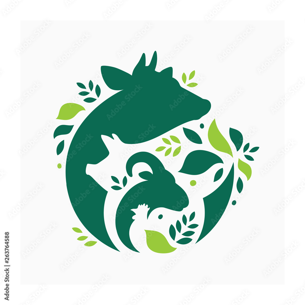 Farm animals logo. Vector illustration with cow, pig, goat and chicken. Livestock pattern with ...