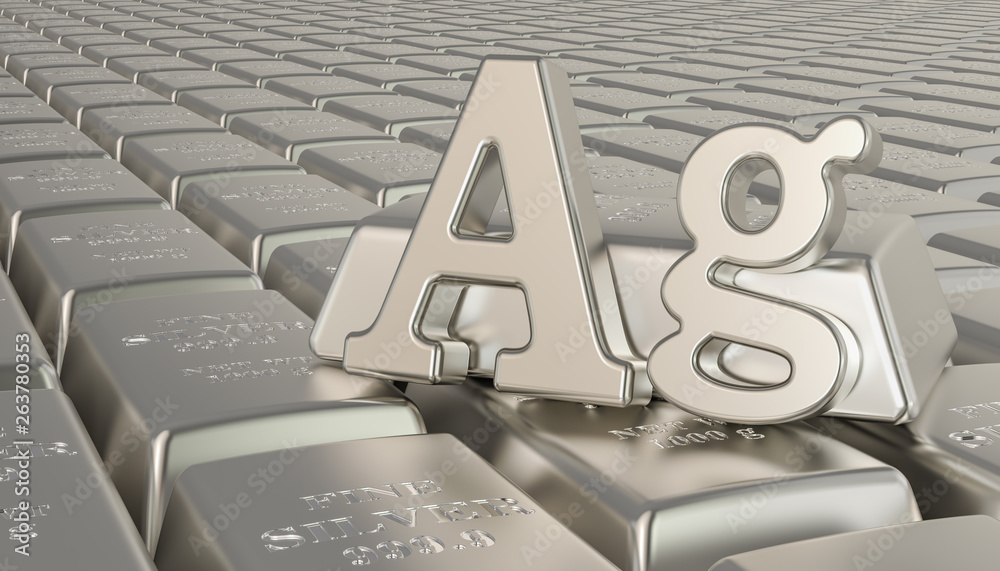 Silver ingots background with Ag symbol. 3D rendering Stock ...