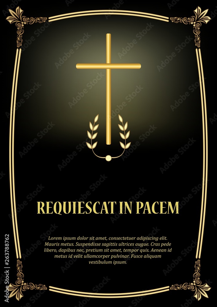 Luxurious obituary template with golden cross, golden vintage frame and ...
