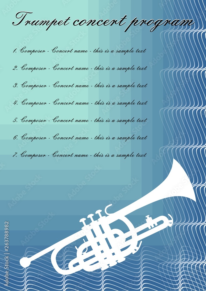 Trumpet concerts program template with white trumpet silhouette, sample ...