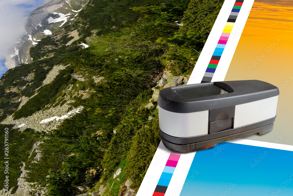 Offset print sheet color bar measurement. Spectrophotometer is ...