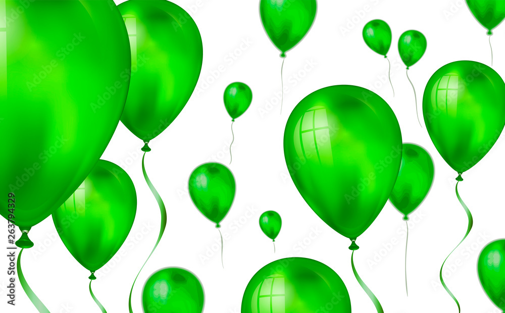 Glossy green Flying helium Balloons backdrop with blur effect. Wedding ...