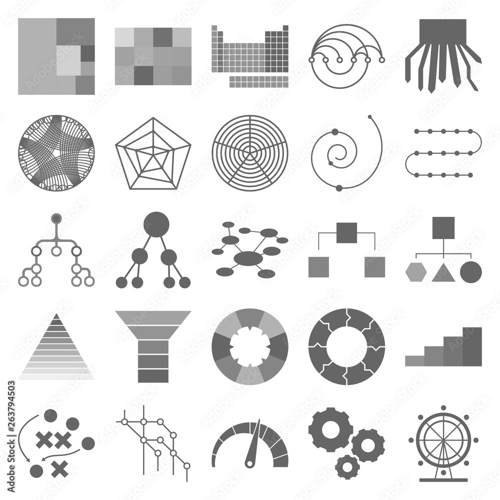 The charts set of icons - map, timeline, arc diagram, onion diagram ...