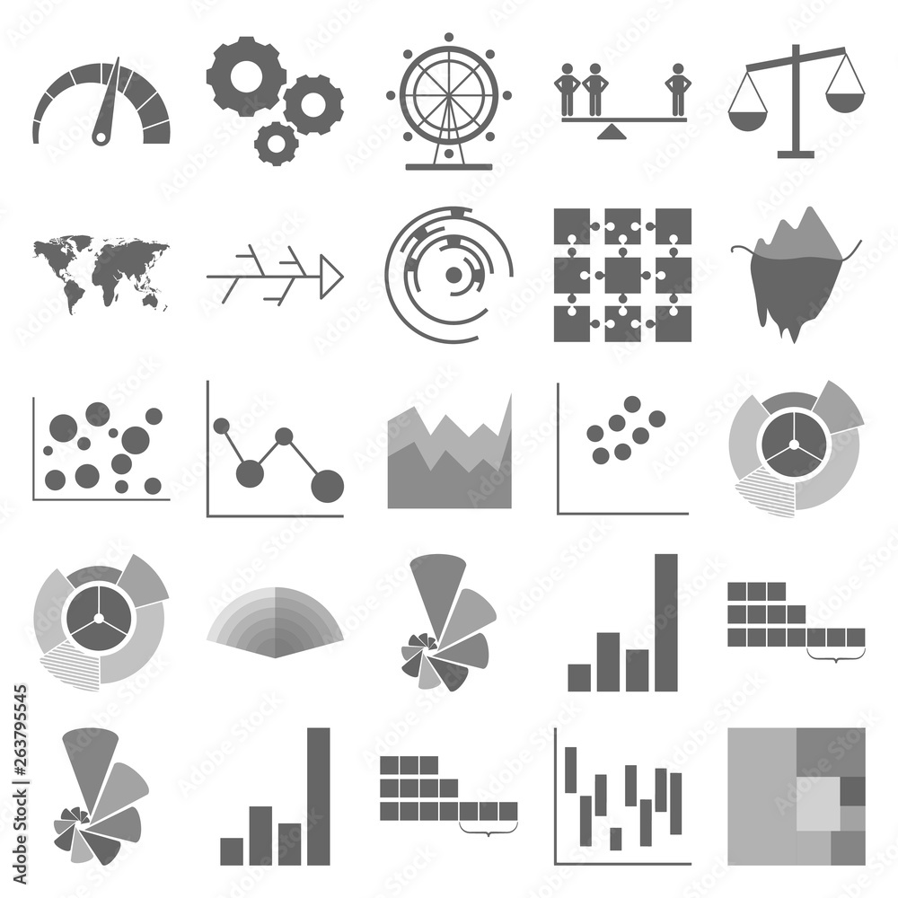 The charts set of icons - sunburst chart, iceberg chart, arc diagram ...