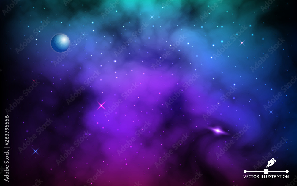 Cosmos backdrop. Colorful galaxy with planet and shining stars. Space ...