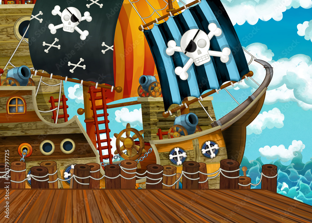 cartoon scene with pirate sailing ship docking - illustration for ...