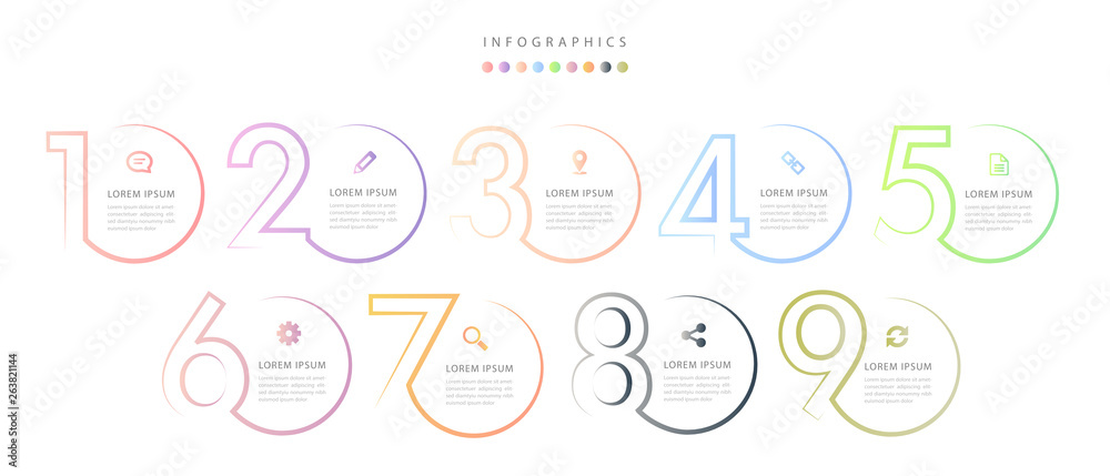 Vector infographic design UI template colorful gradient 9 number labels ...