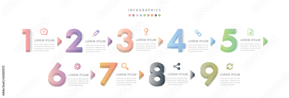 Vector infographic design UI template colorful gradient 9 3D number ...