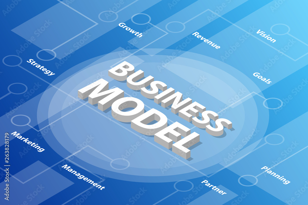 business model isometric 3d word text concept with some related text ...