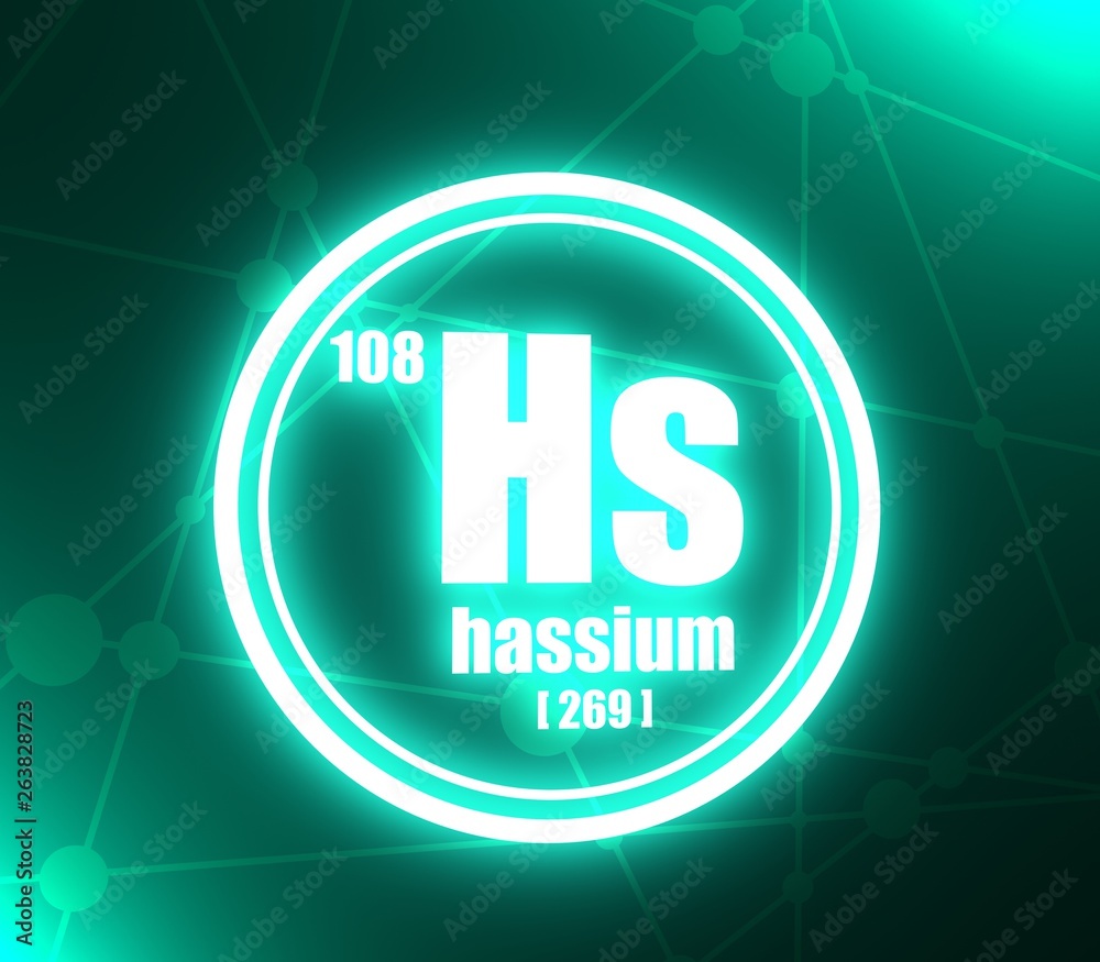 Hassium chemical element. Sign with atomic number and atomic weight ...