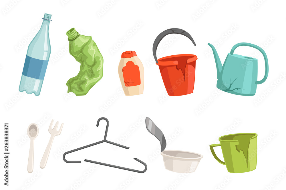 Flat vector set of plastic waste. Bottles, fork and spoon, broken ...