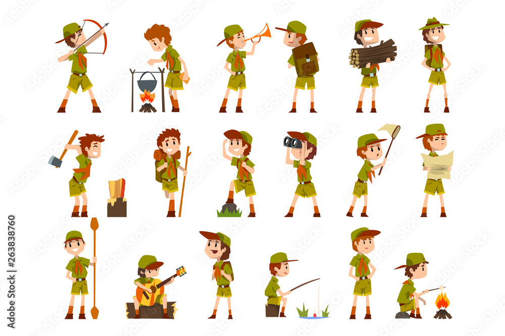Scouting boys set, boy scouts with hiking equipment, summer camp ...