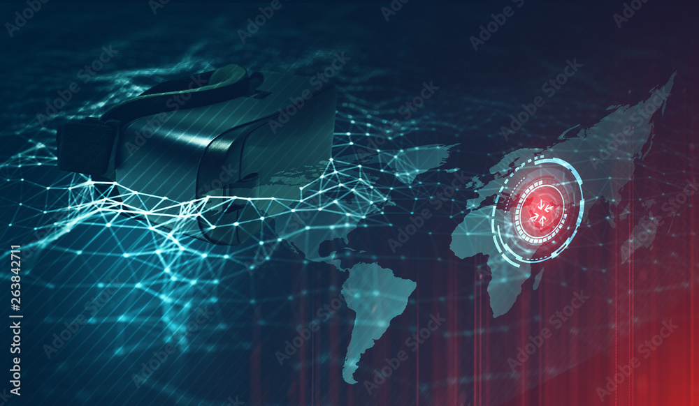 Abstract mixed media illustration of virtual reality. VR glasses in low ...