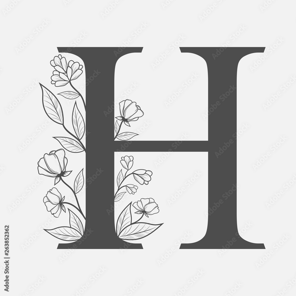 Uppercase Letter H with flowers and branches. Vector flowered monogram ...