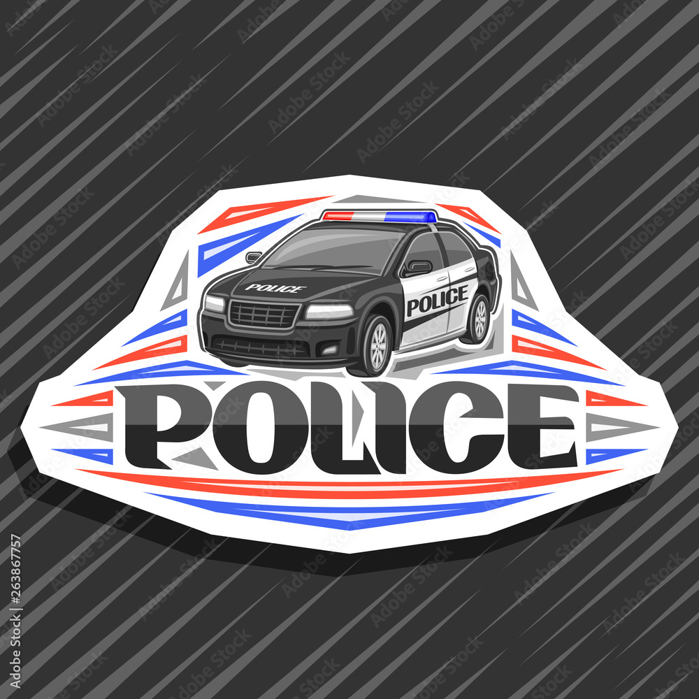 Vector logo for Police Car, white decorative sign with illustration of ...