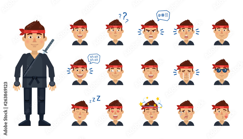Big set of ninja emoticons. Ninja avatars showing different facial ...