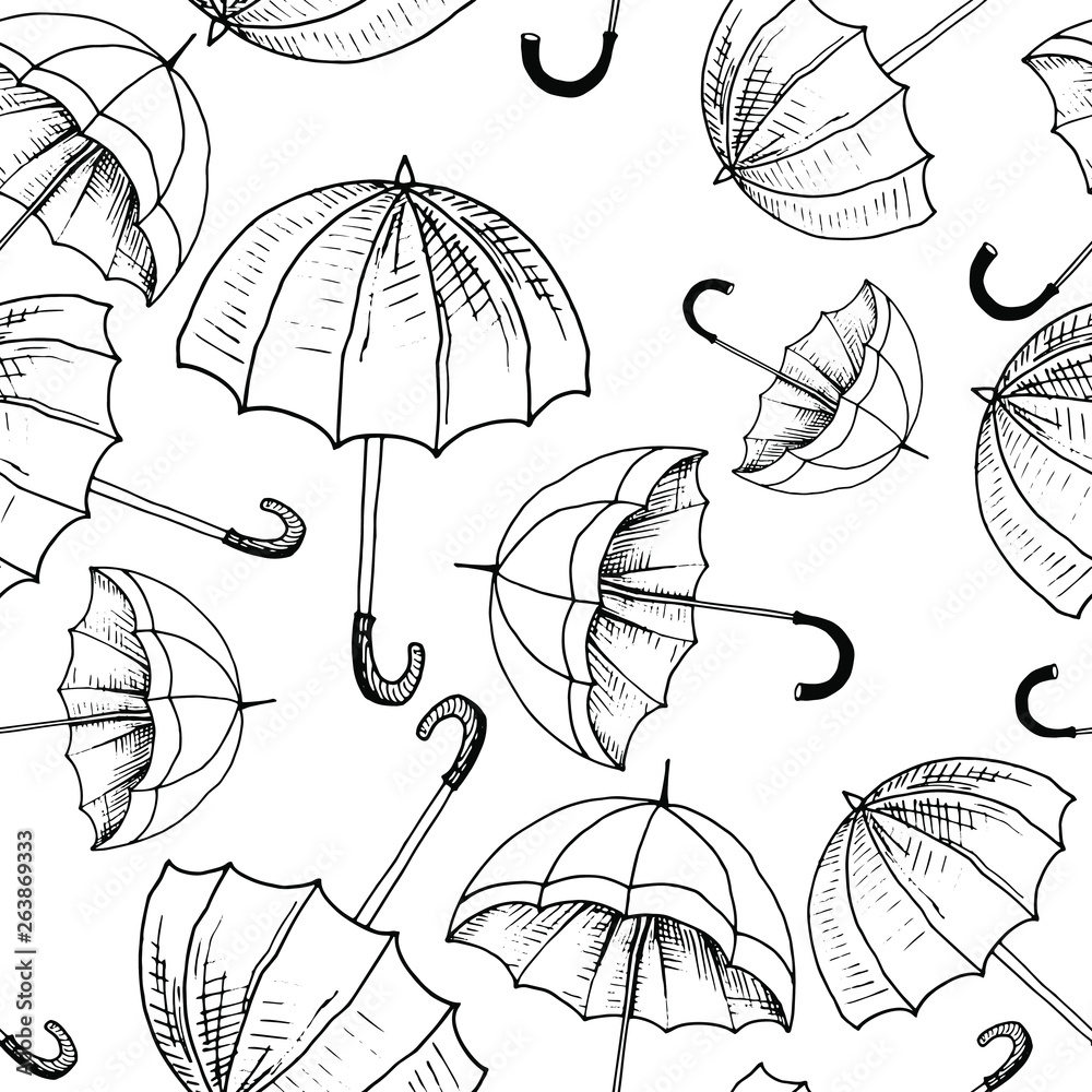 Umbrellas seamless sketch pattern. Black hand drawn umbrellas without background. Wallpaper ...
