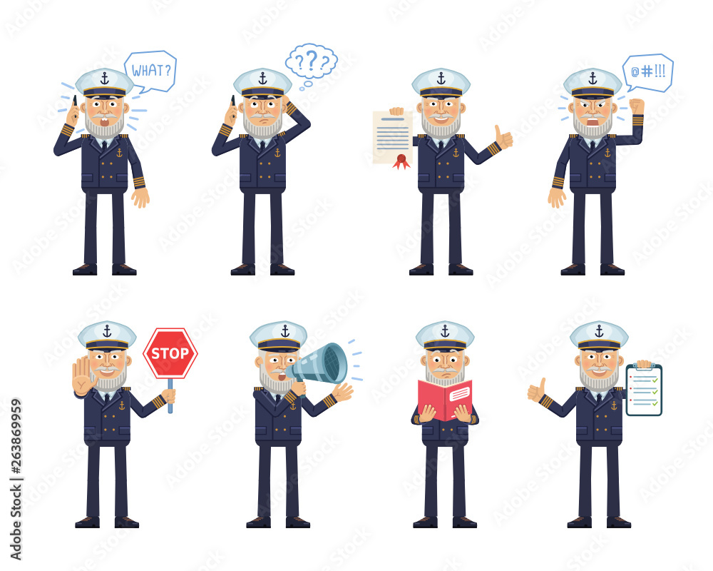 Set of old navy captain characters posing in different situations ...