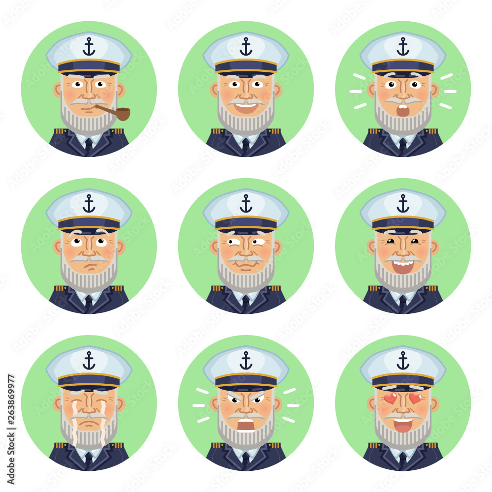 Set of navy captain emoticons. Man avatars showing different emotions ...