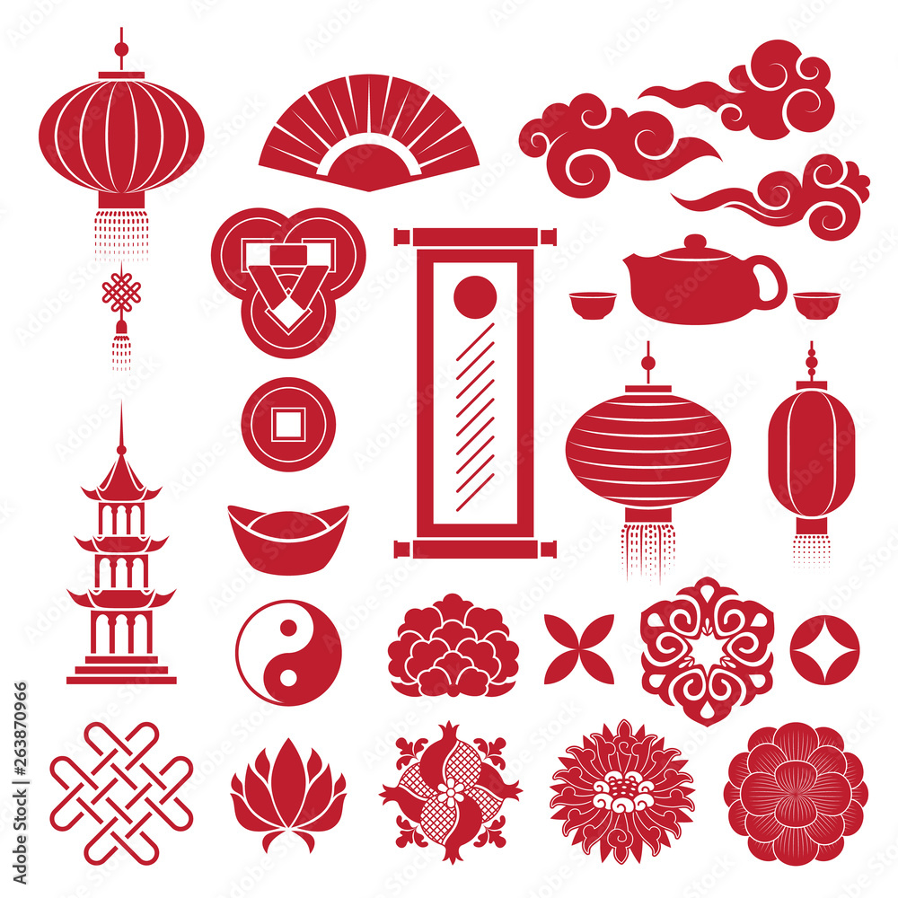 Chinese traditional symbols icons set. Stock Vector | Adobe Stock