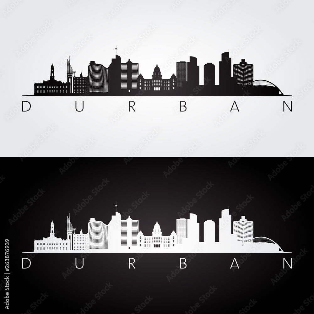 Durban skyline and landmarks silhouette, black and white design, vector ...