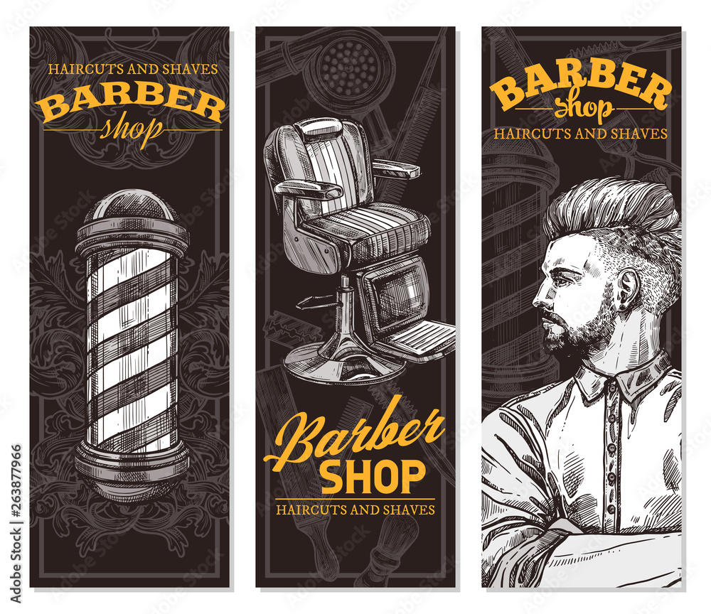 Hand drawn vertical vector barber shop banners with sketch engraving ...