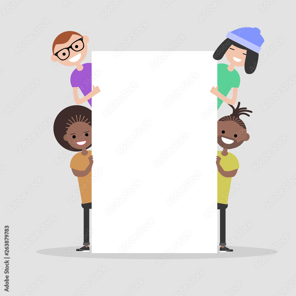 Young characters with white banner,Copy space.Mock up.Flat cartoon ...