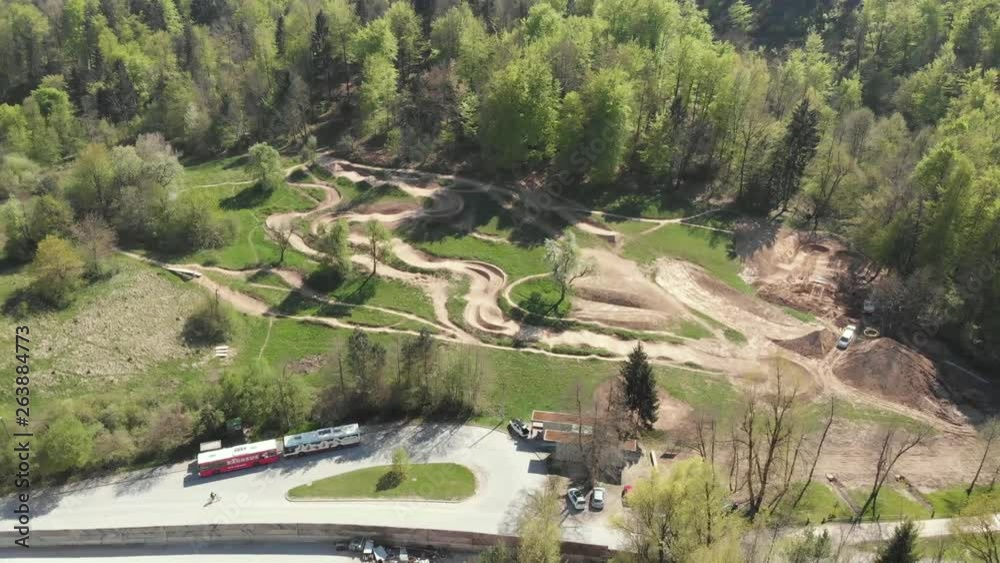 Drone shot of park in the forest. Dirt bike park. Extreme bmx park ...