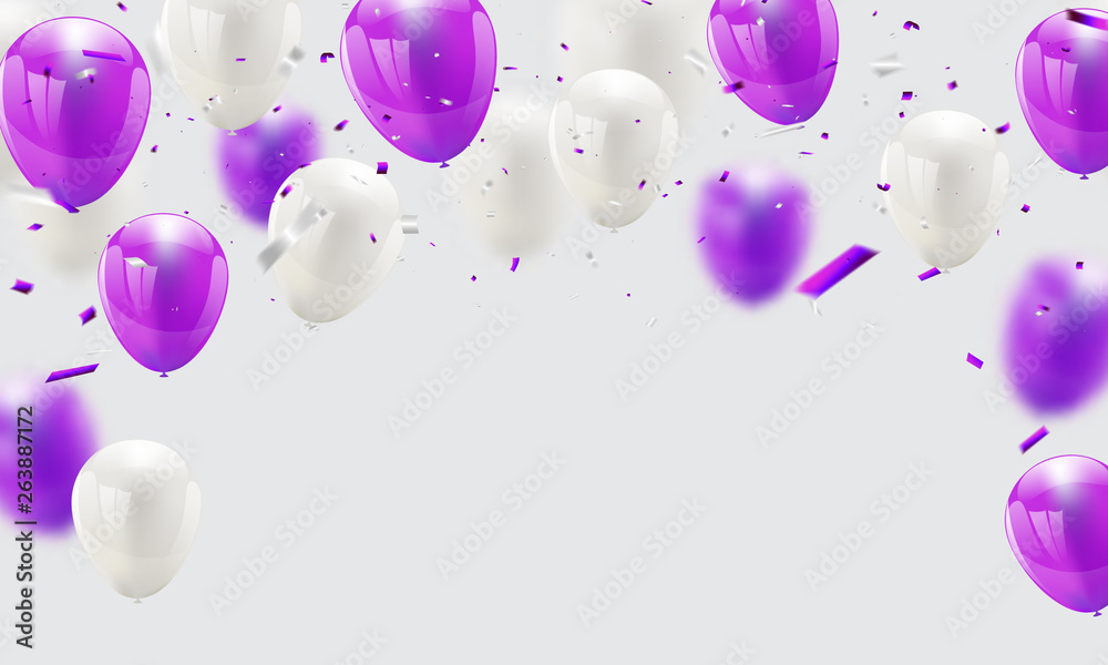 purple balloons, vector illustration. Confetti and ribbons, Celebration ...