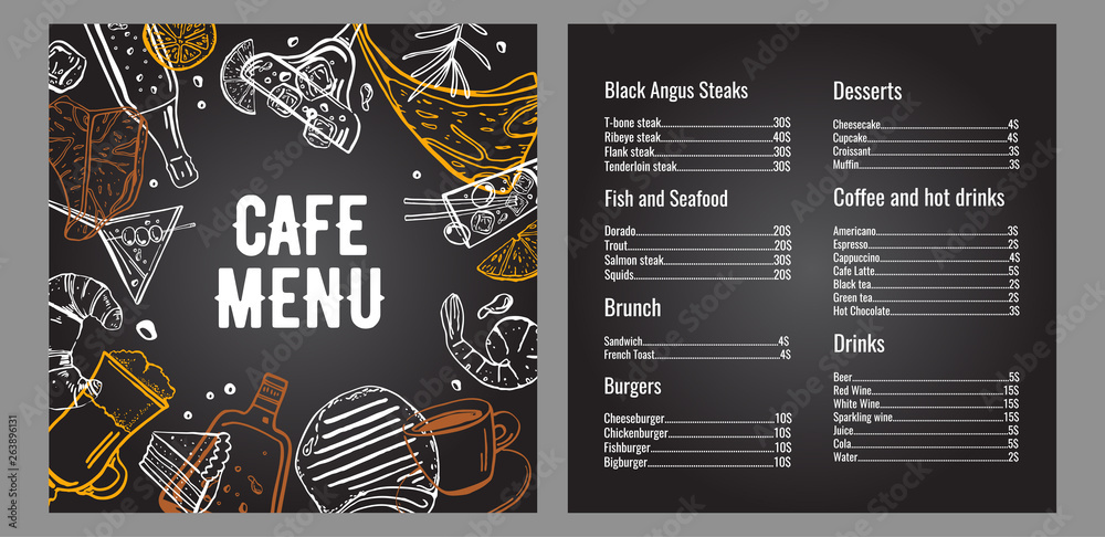 Cafe menu two page design template with list of meat, fish, burgers ...