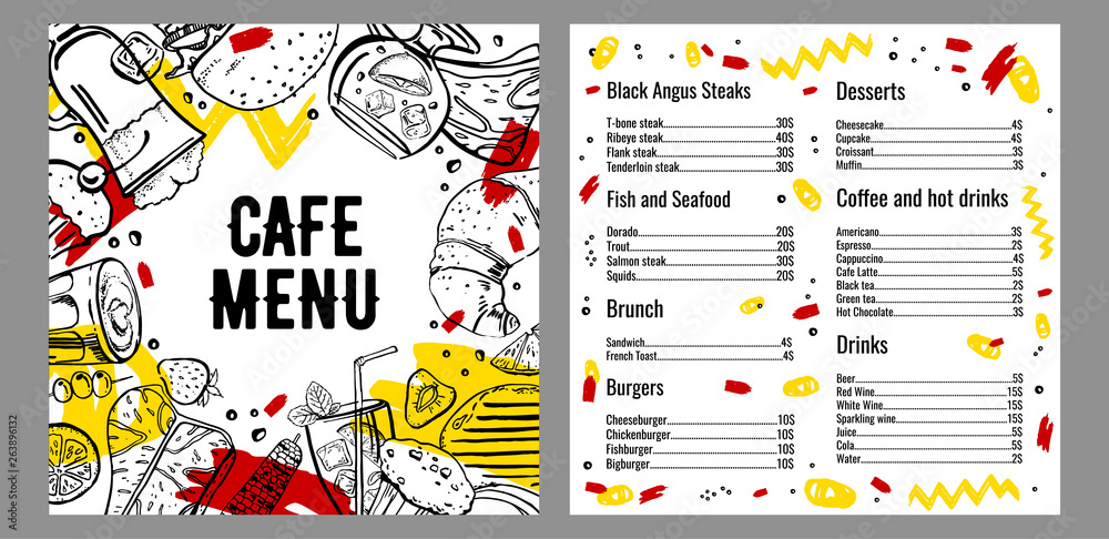 Cafe menu two page design template with list of steaks, fish, burgers ...