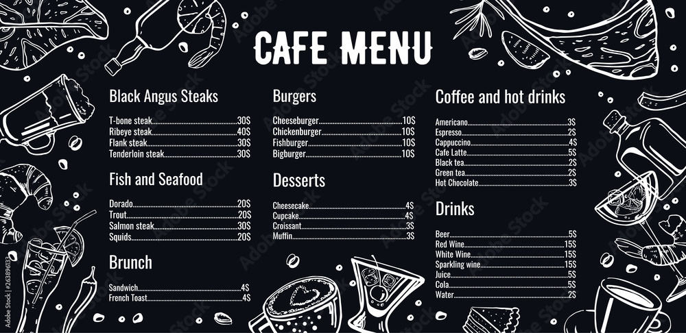 Cafe menu design template with list of meat, fish, burgers, drinks ...