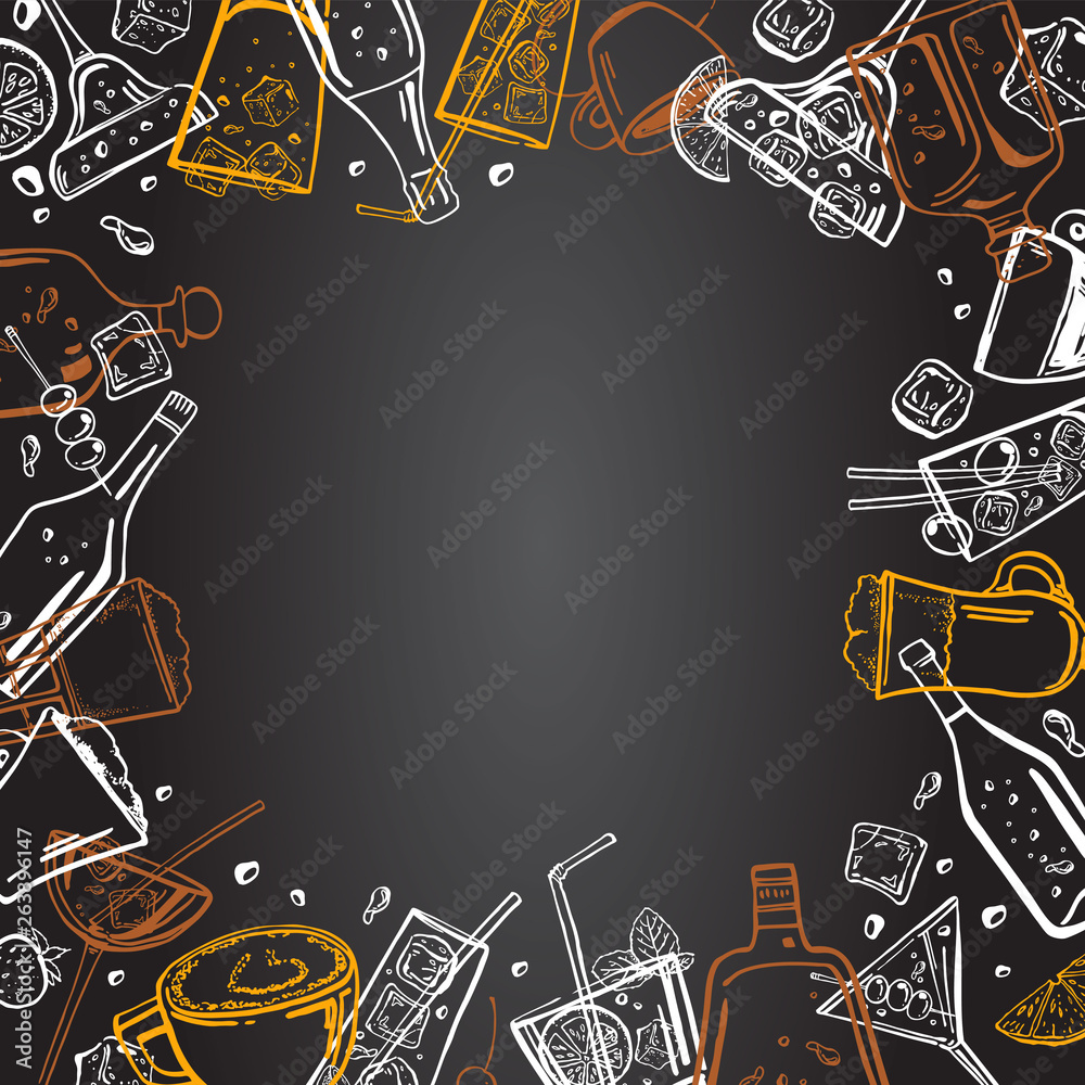 Vector outline hand drawn frame with different alcohol bottles ...